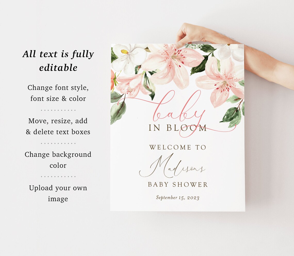 Lilies and Roses Baby in Bloom Baby Shower Welcome Sign Template ...