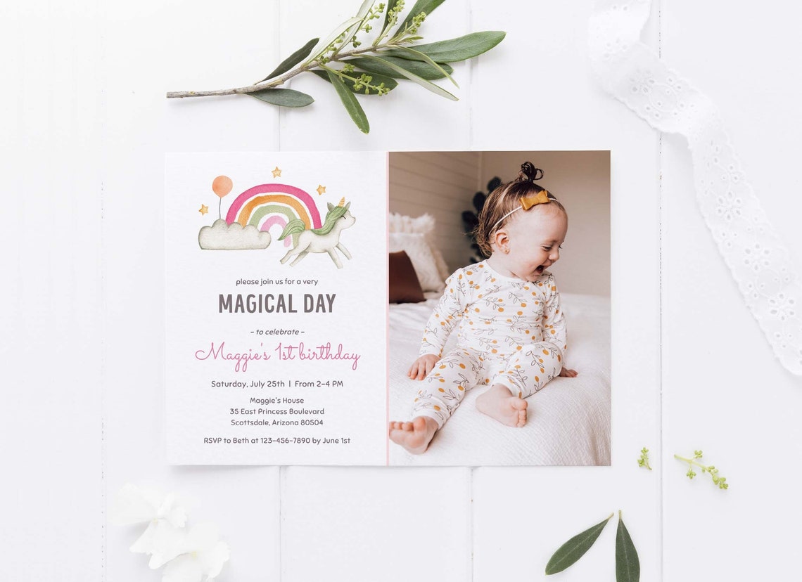 Editable Rainbow and Unicorn Birthday Invitation With Photo, Magical ...