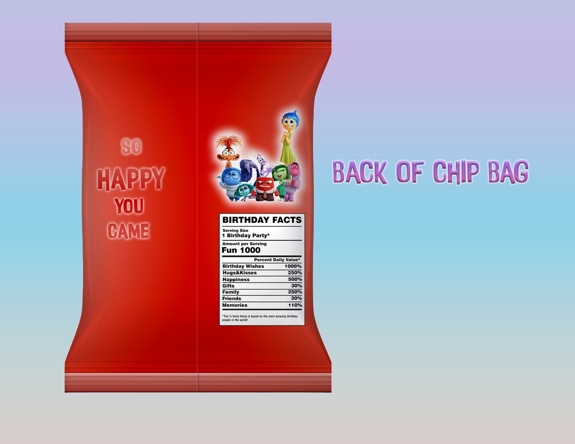 Inside Out Chip Bags and Water Bottle Labels for Kids Birthday Parties ...