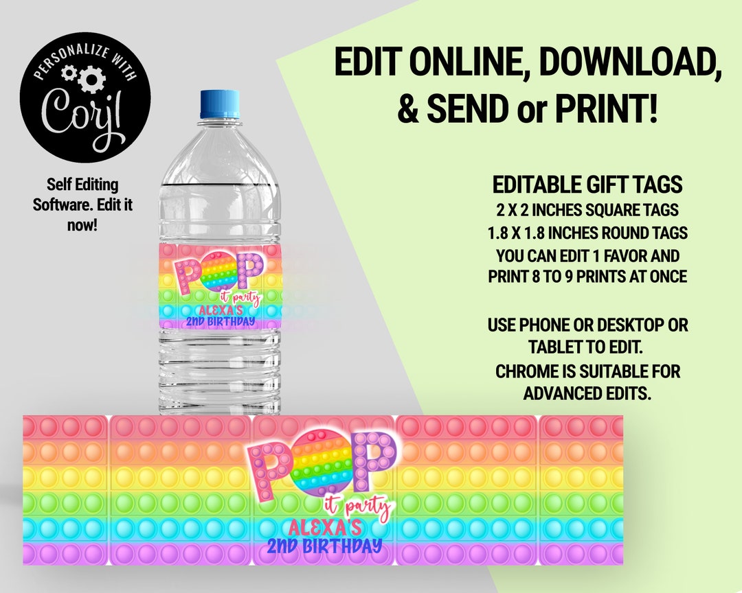 Editable Pop It Birthday Party Water Bottle Labels Pop It Party Water ...