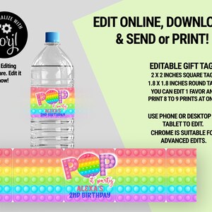 Editable Pop It Birthday Party Water Bottle Labels Pop It Party Water ...