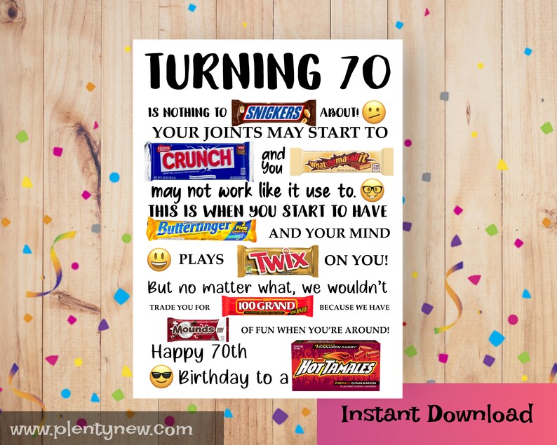 70th Birthday PRINTABLE Candy Poster Birthday Candy Sign - Etsy UK