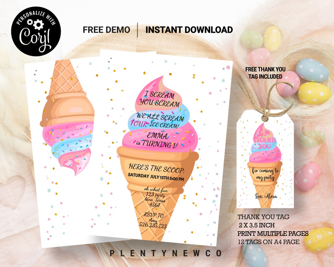 Editable Ice Cream I Scream Birthday Invitation Four Birthday - Etsy