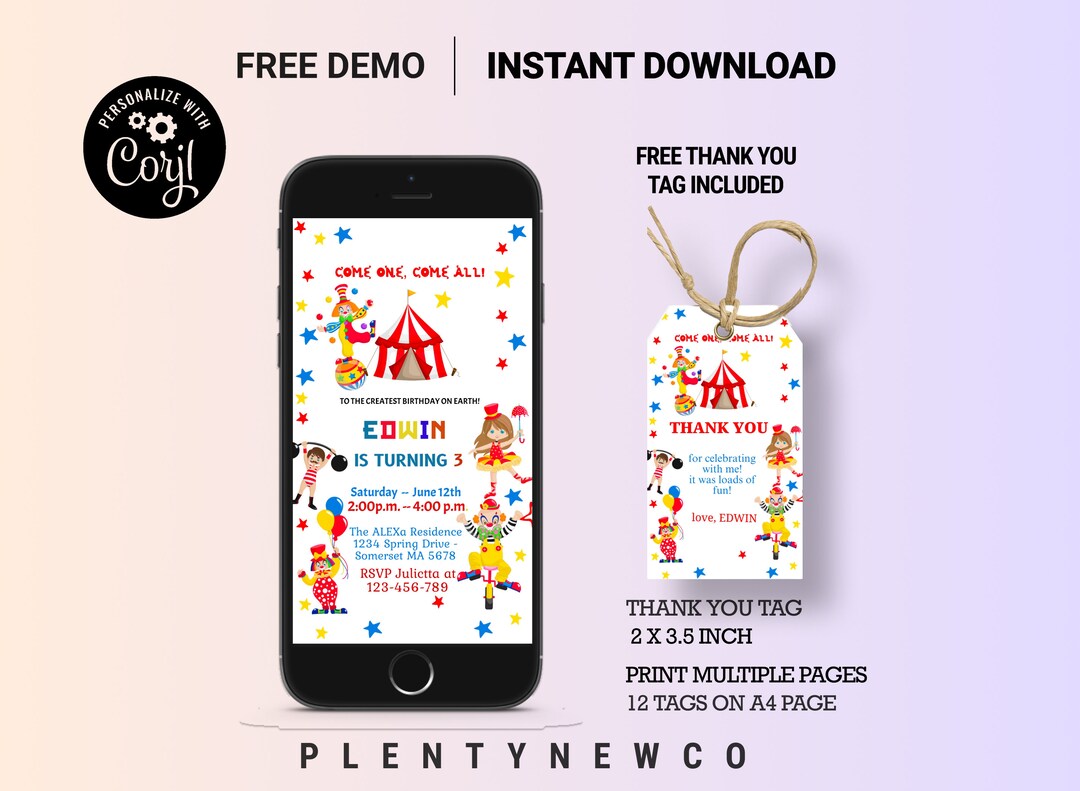 Circus Phone Birthday Invitation Template, Carnival Electronic ...