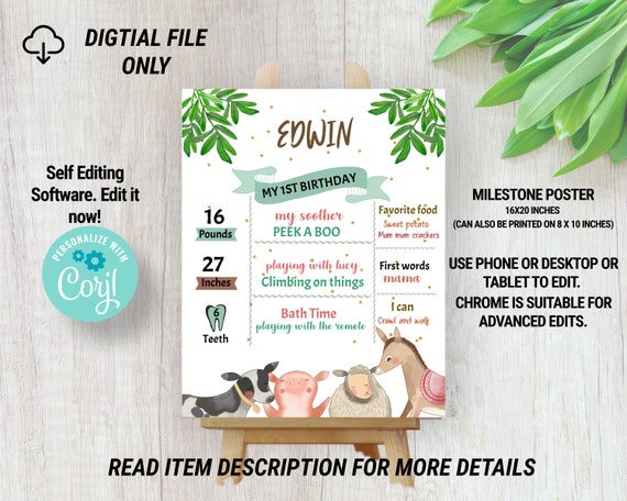 Editable Farm Animals Birthday Milestones Sign Boy Blue Red - Etsy