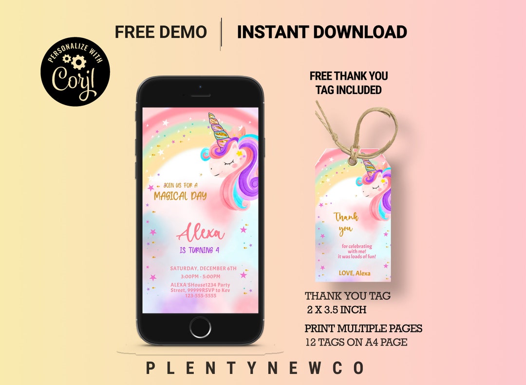 Unicorn Phone Birthday Invitation Template, Unicorn Electronic ...