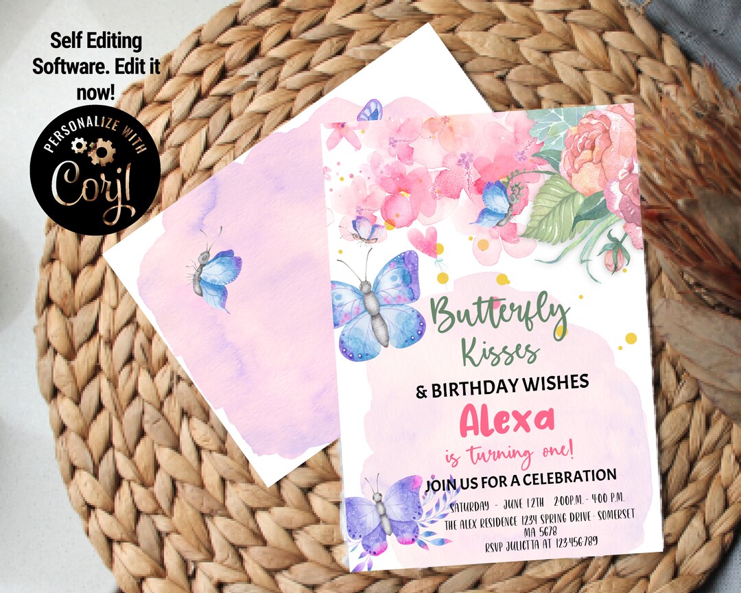 Editable Butterfly Birthday Invitation Girl Butterfly Kisses - Etsy