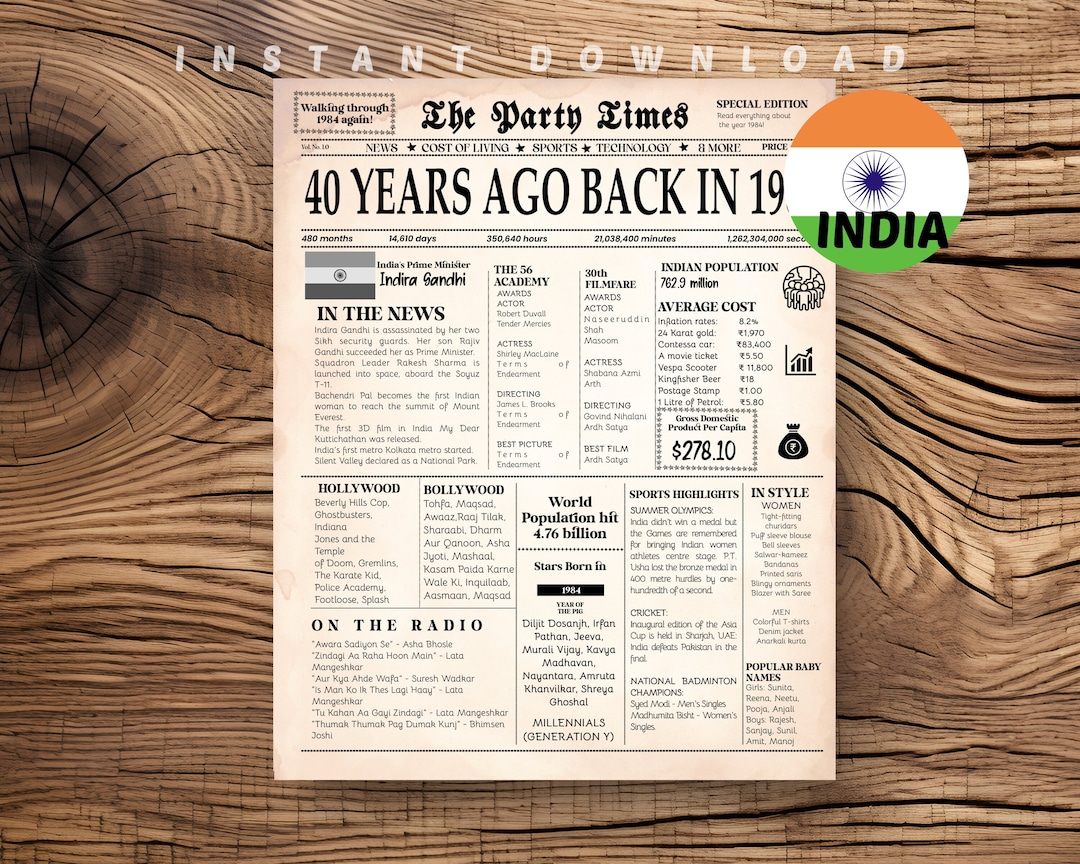 1984 INDIA 40th Birthday Newspaper INDIAN, 40th Anniversary, India ...