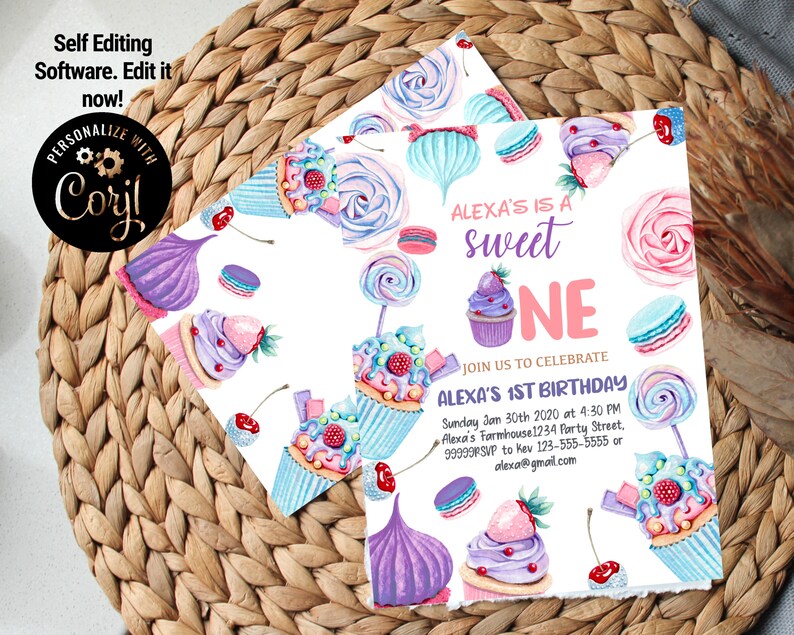 Editable Cupcake Sweet One Birthday Invitation Girl Sweet - Etsy