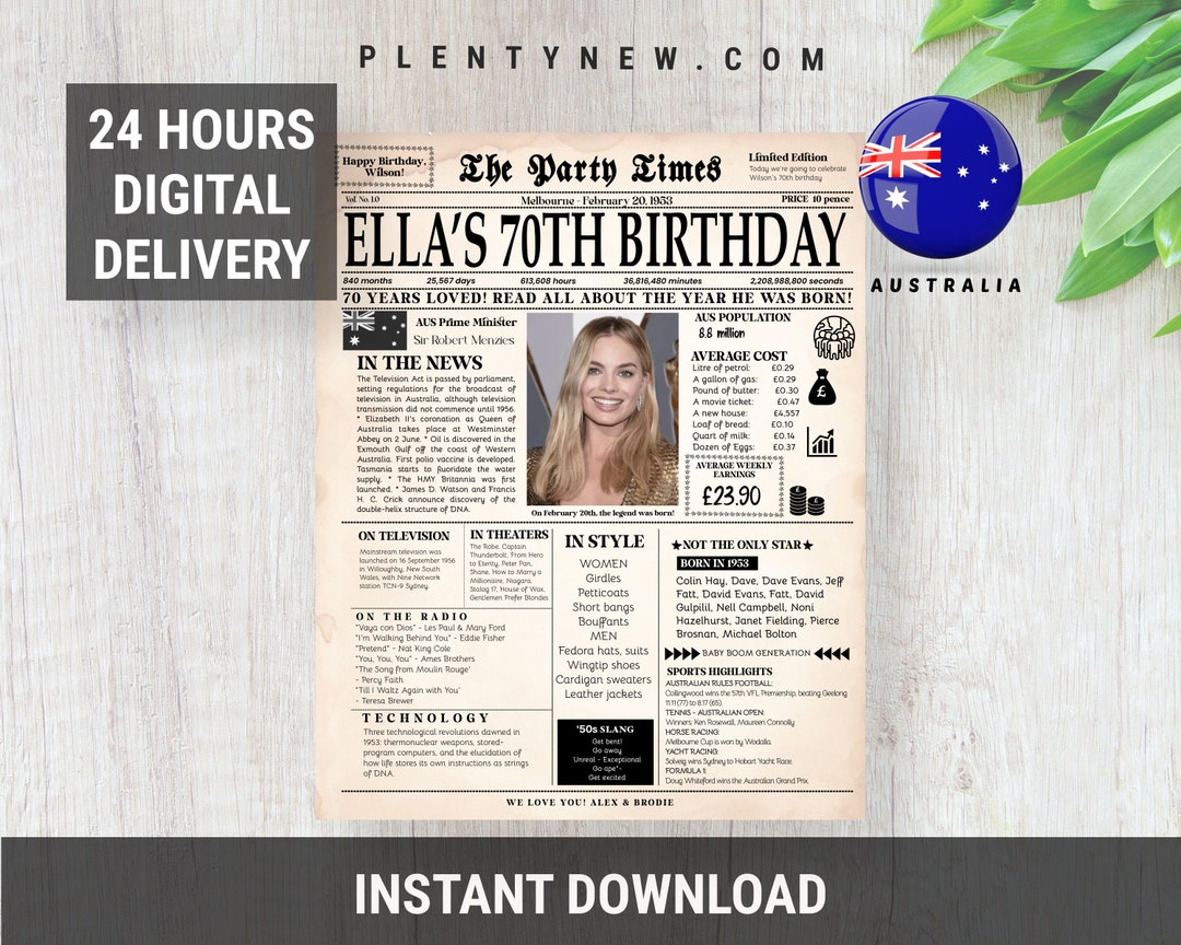 70th Birthday Newspaper AUSTRALIA 1953 Birthday Gift AU Gift for ...