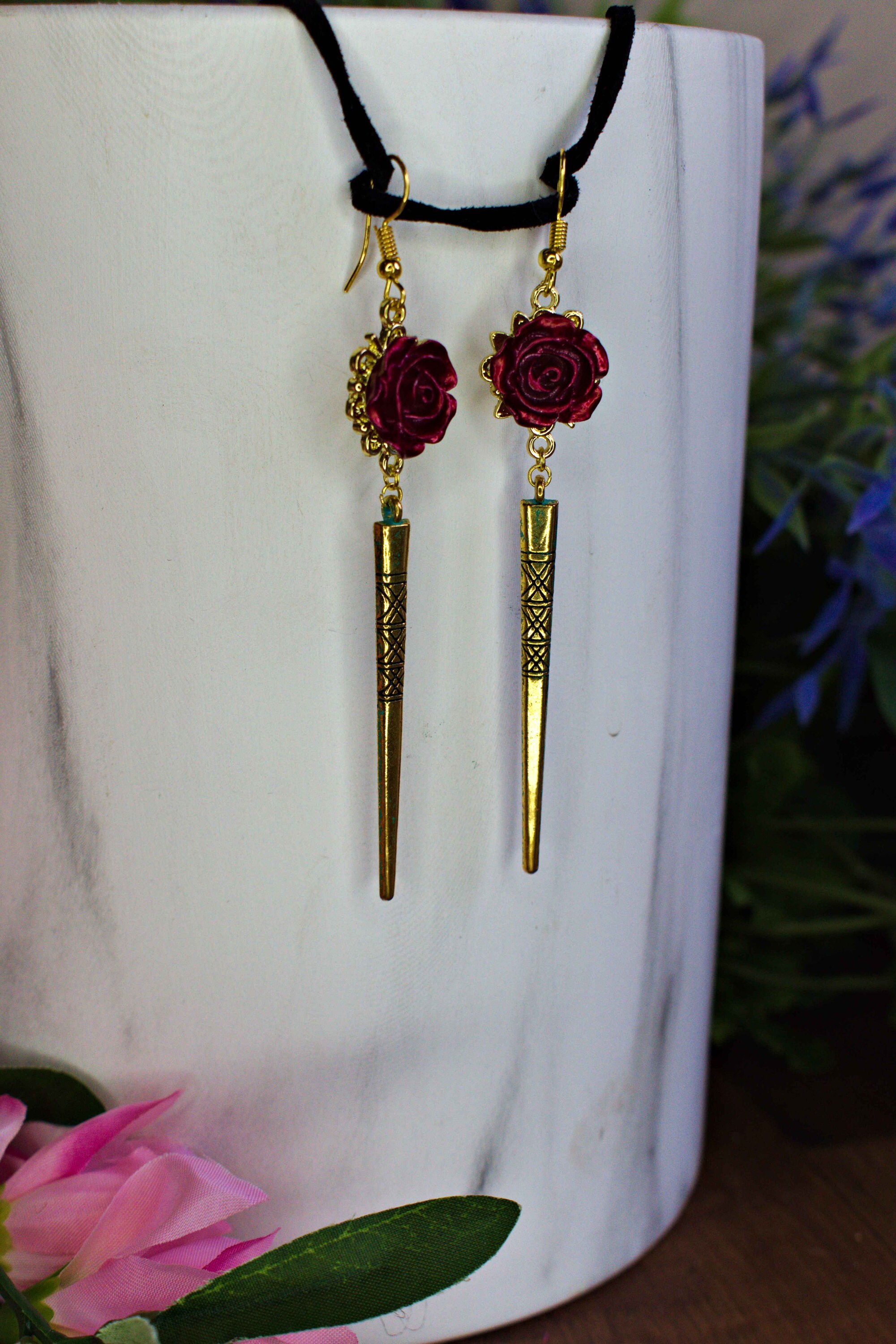 Red Rose and Gold Spike Earrings - Etsy