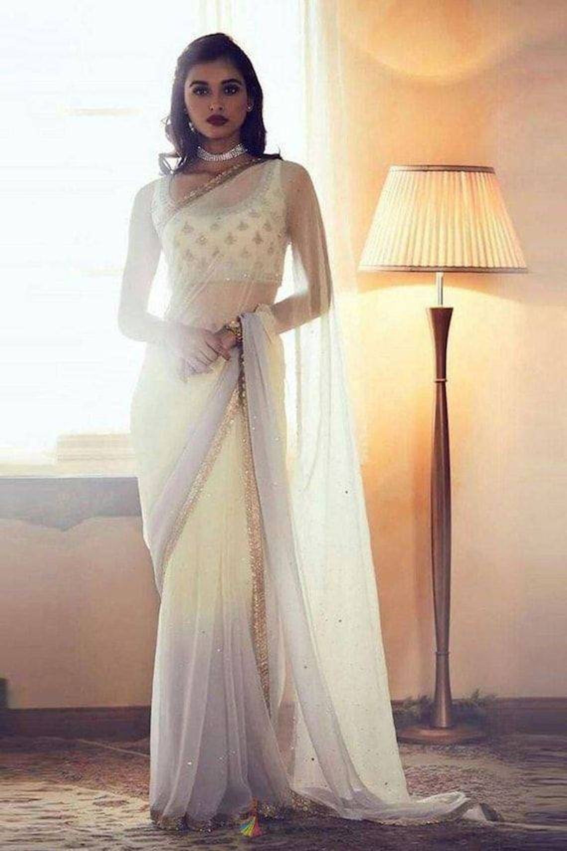 Ivory Georgette Chiffon Saree/ Wedding Saree/party Wear Saree/ Cream ...