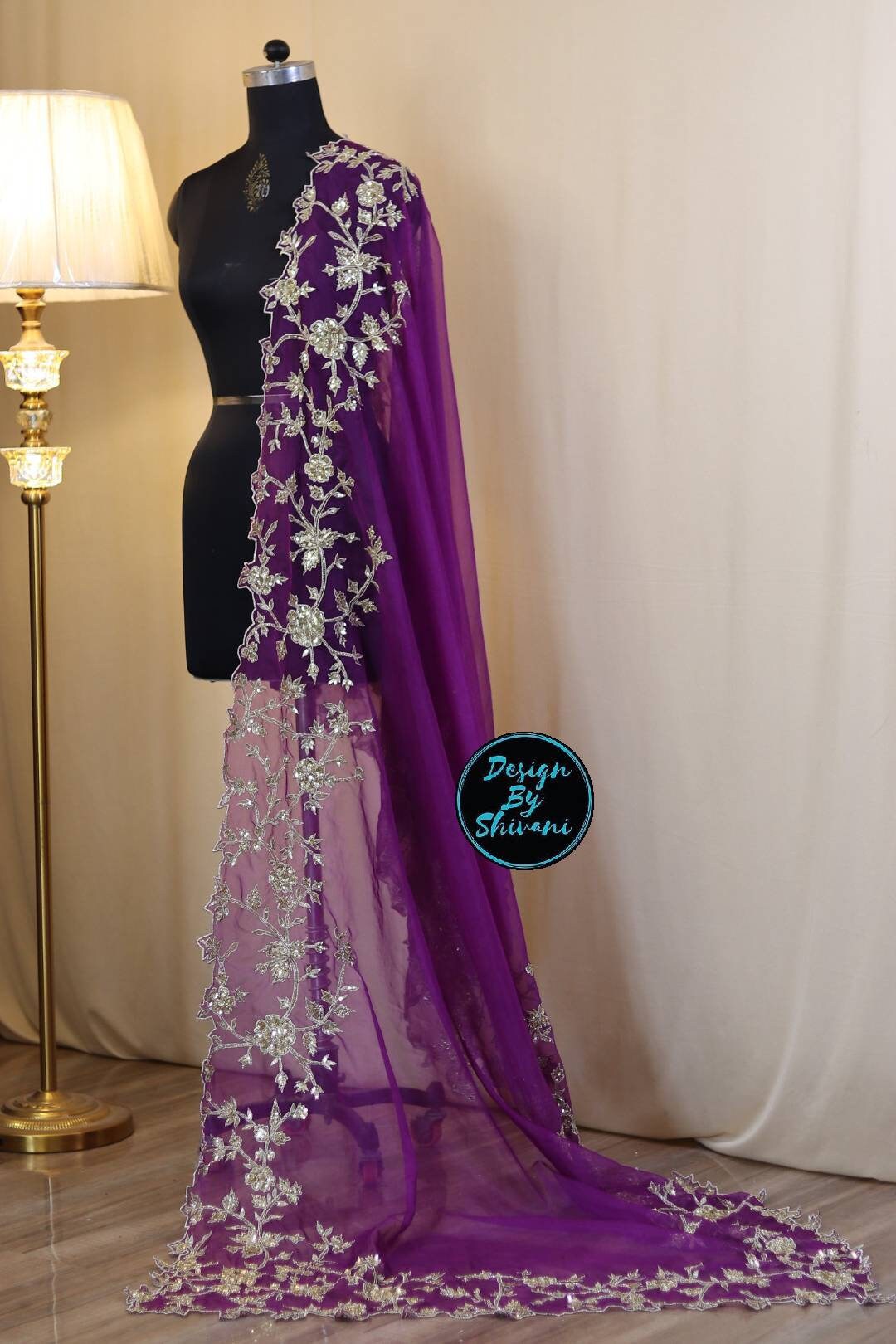Purple Dupatta/hand Embroidered Dupatta /veil - Etsy