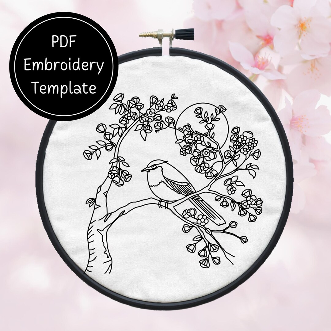 Bird & Cherry Tree Embroidery Pattern: DIY Hand Stitch (PDF Download ...