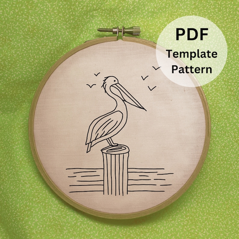 Pelican Embroidery Pattern PDF - Coastal Bird Hand Embroidery Template ...