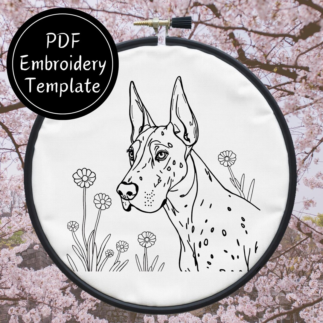 Great Dane With Flowers Hand Embroidery Pattern DIY Embroidery - Etsy
