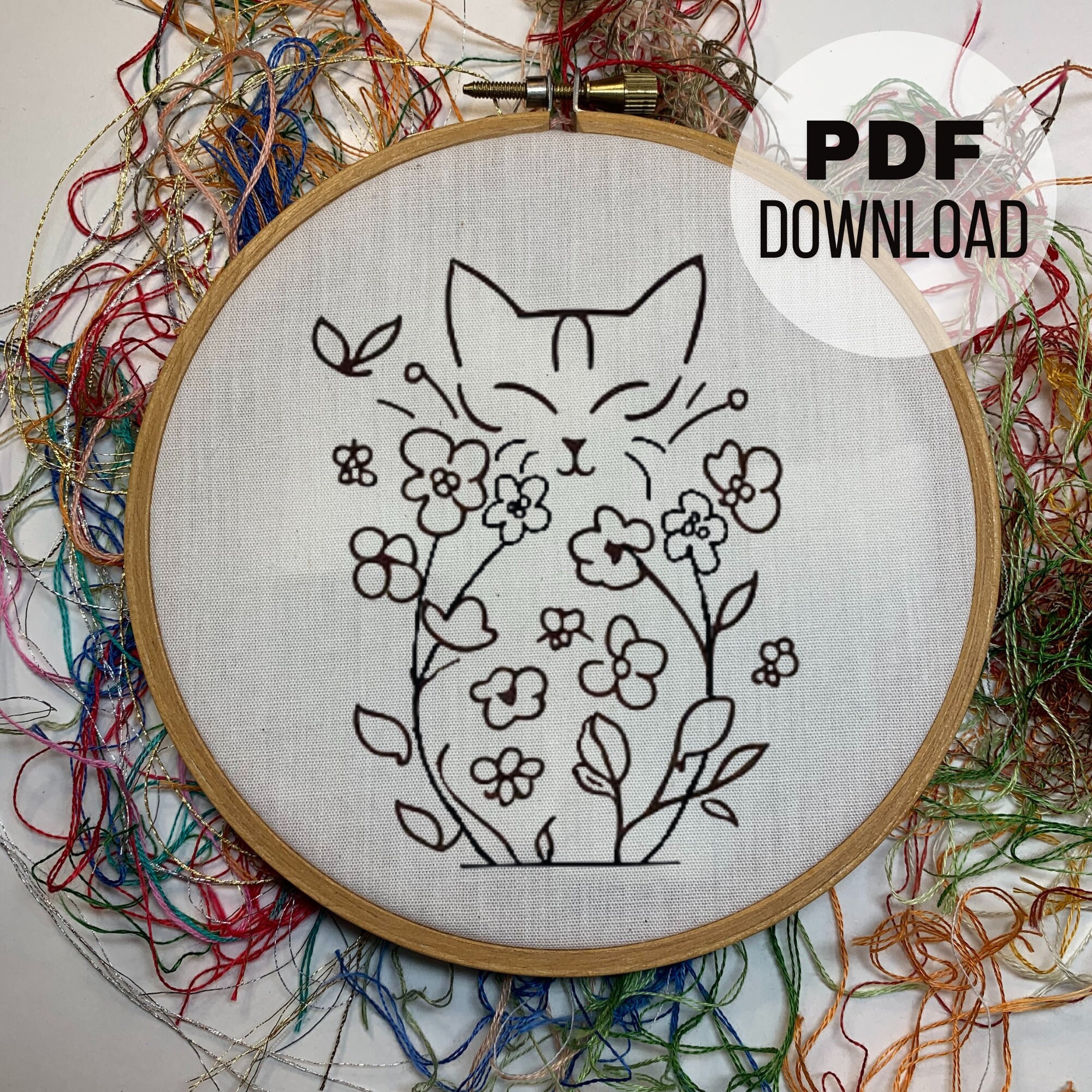 Purrfectly Cute Cat and Flowers Embroidery Pattern - Floral Feline Fun ...