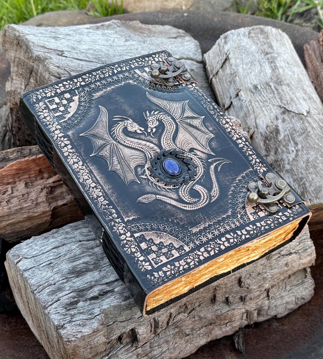 New 10x 7 Large Double Dragon Leather Journal 300 Pages 2x Brass C ...