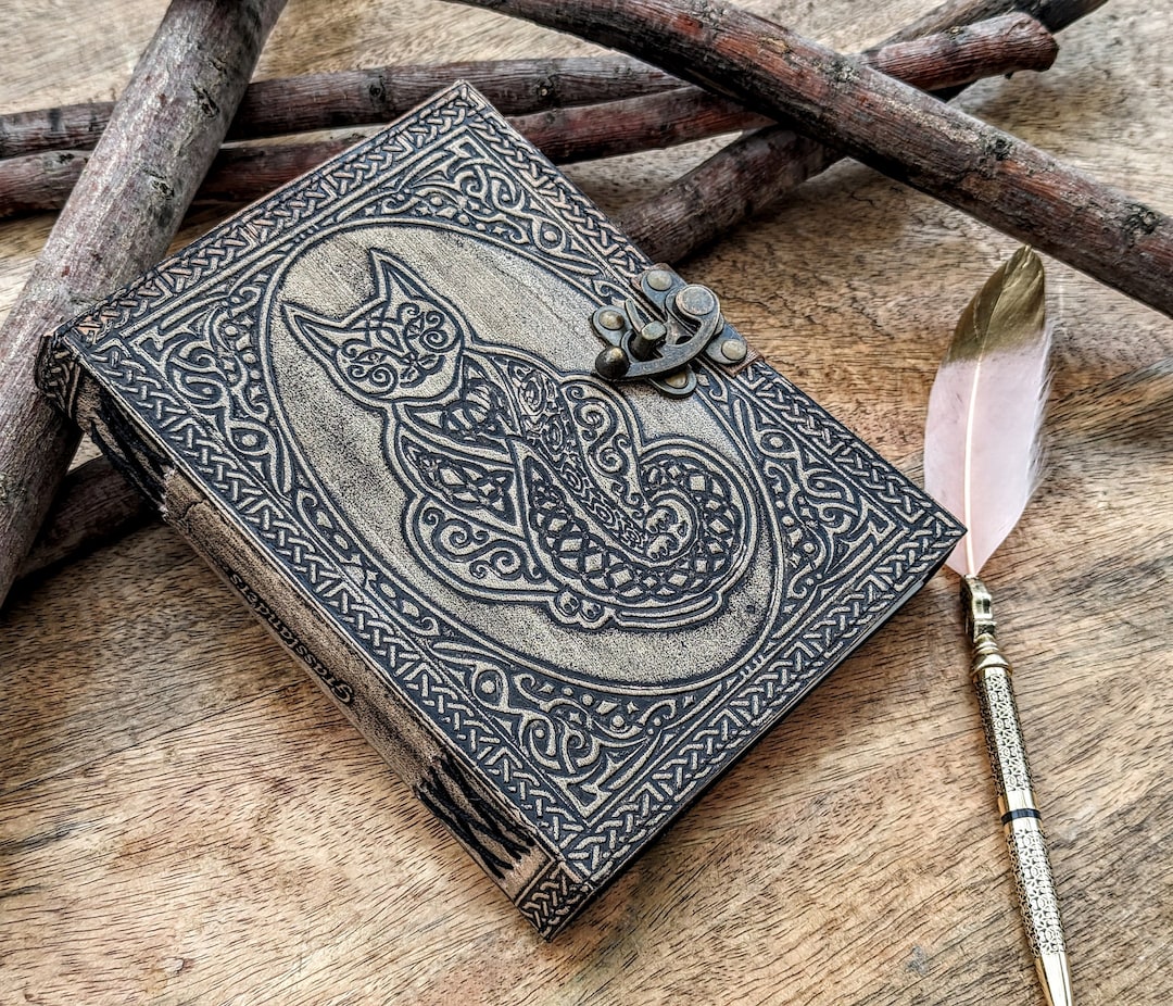 Cat Leather Journal 240 White Lined Pages 2x Brass C Clasps Front Back ...