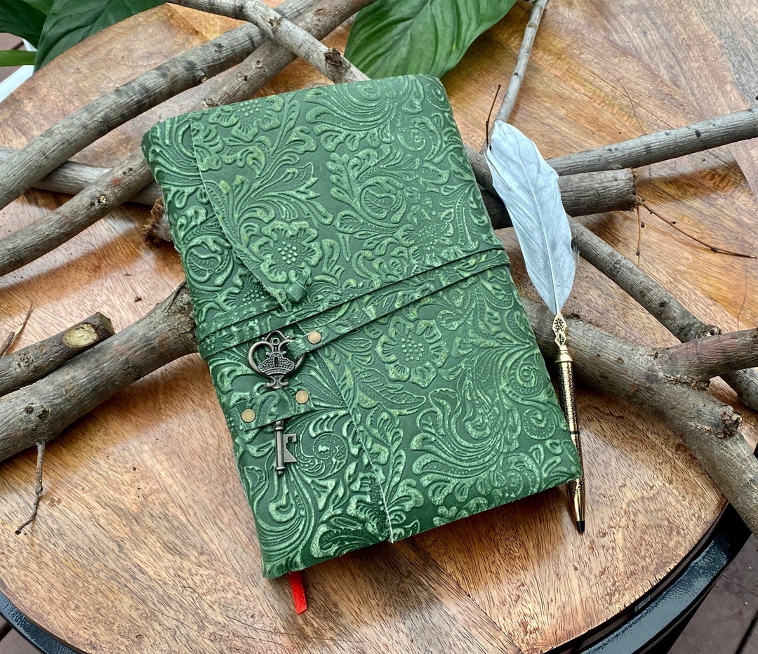 Fat Green Key Floral Embossed Leather Journal 10x7 Inch Vintage Paper ...