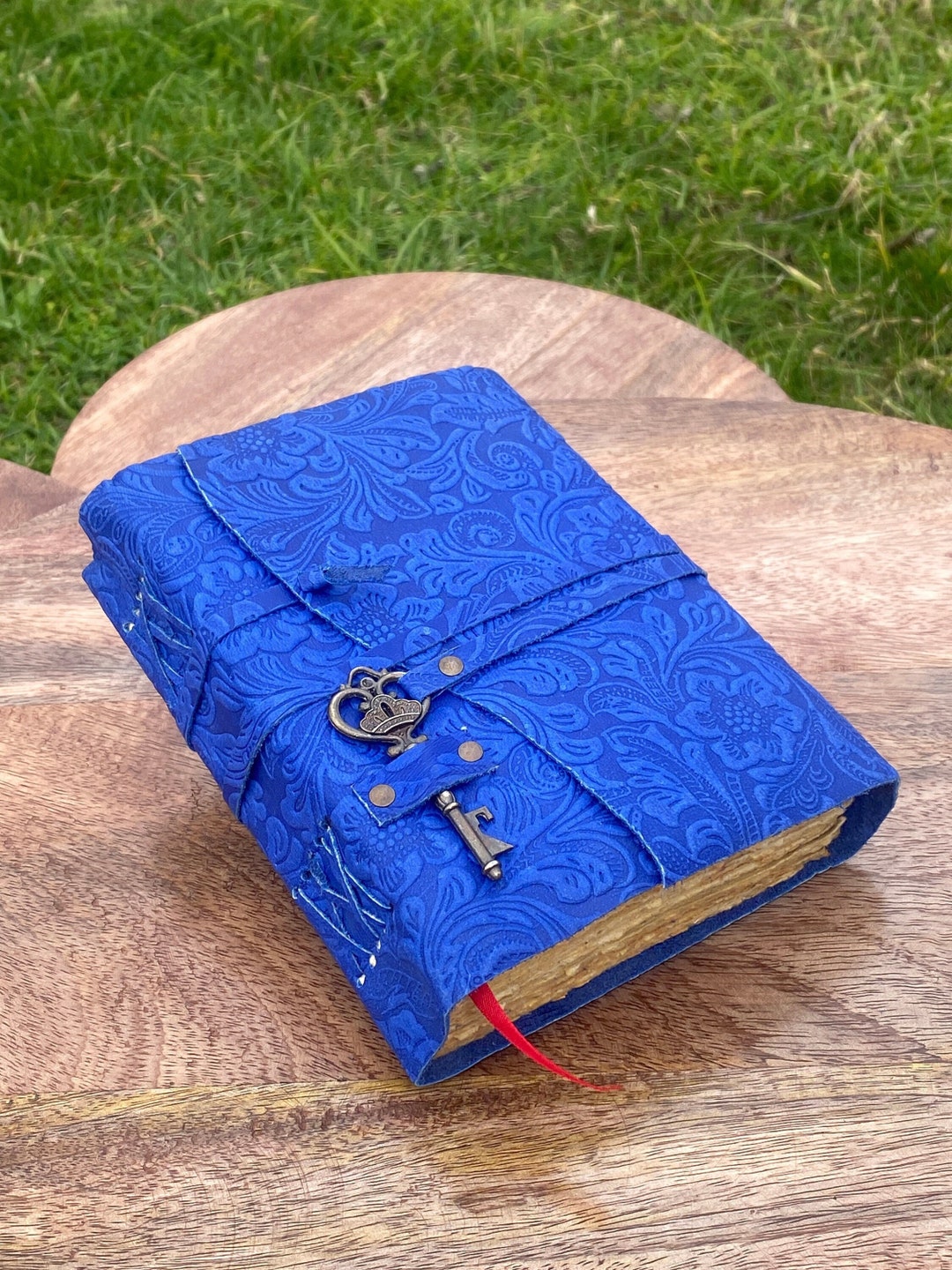 Blue Floral Embossed Leather Journal 4 Paper Choices Wrap Around Design ...