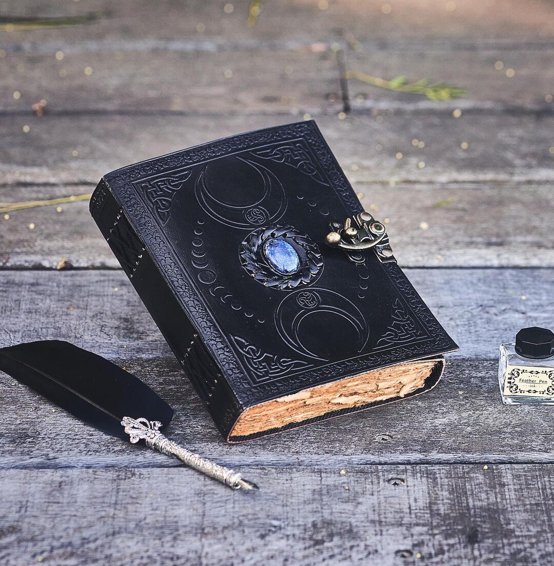 A5 Black Leather Triple Moon Journal | 5 Stone Choices | 4x Paper ...