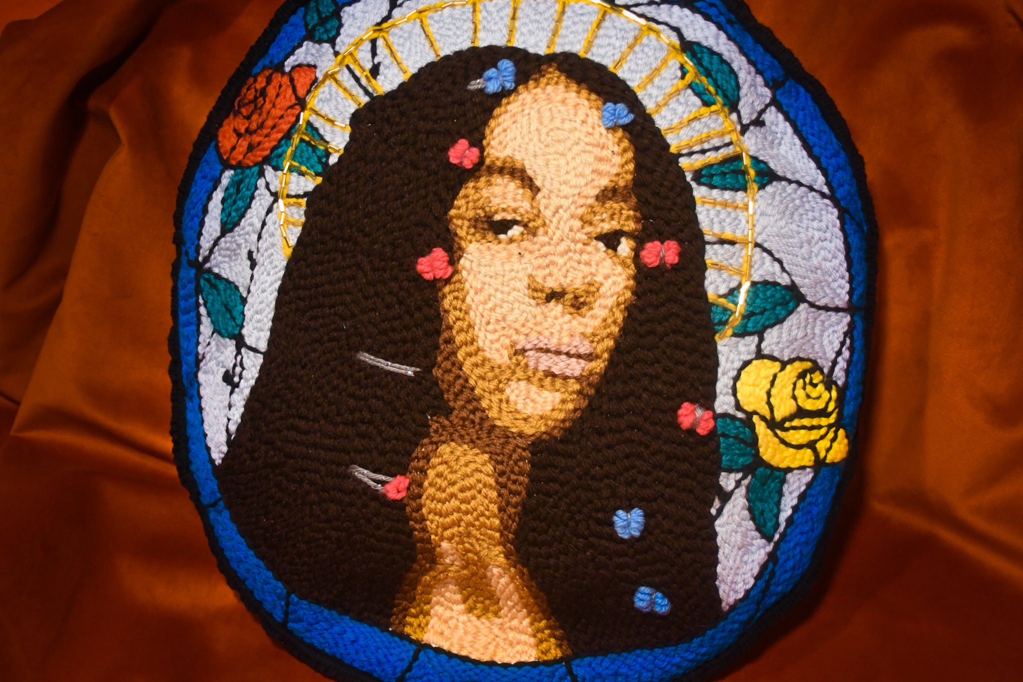Stained Glass Solange Punch Needle Pillow W/ Macreme and Hand Beading ...