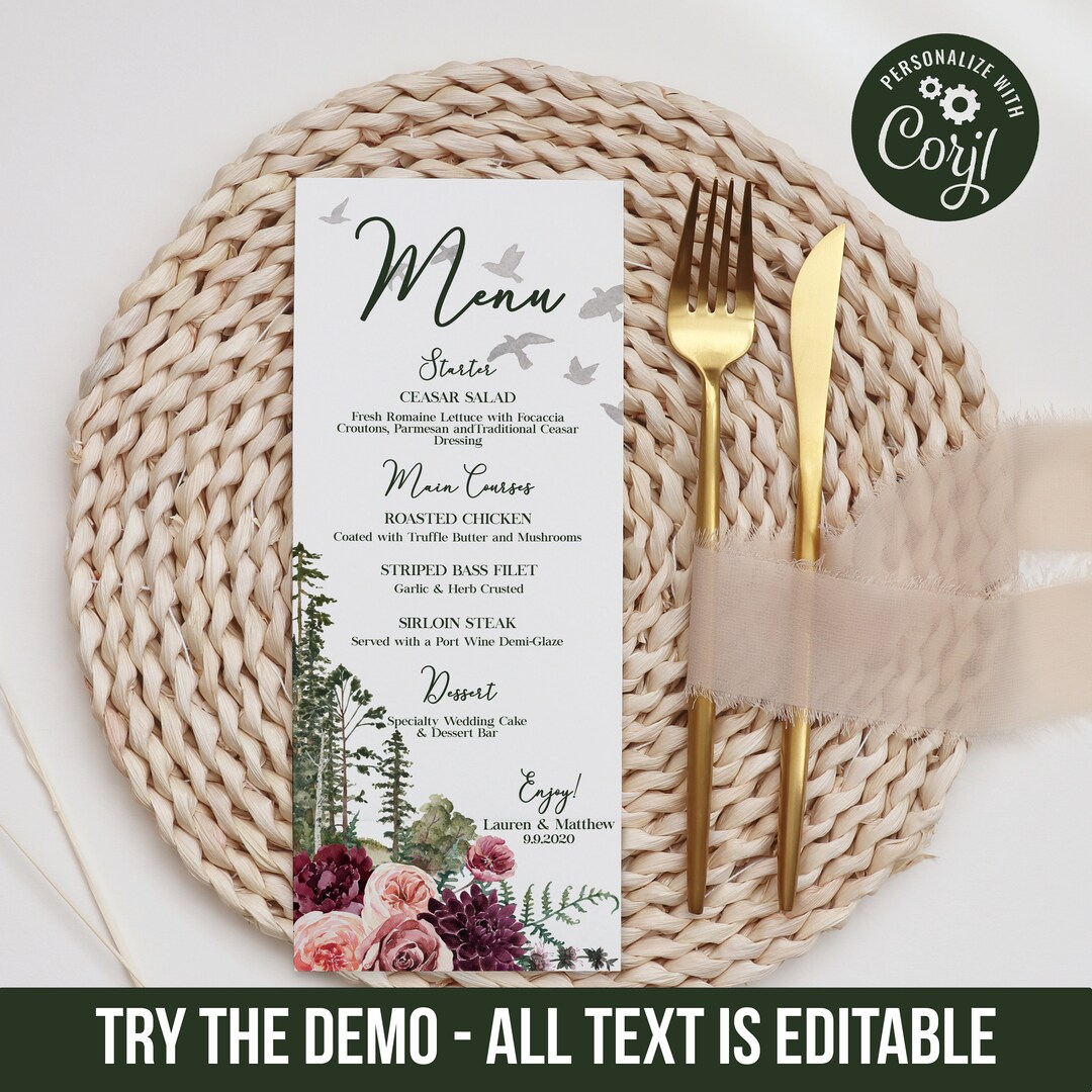 Wedding Menu Printable, Rustic Wedding Menu Template, Forest Wedding ...