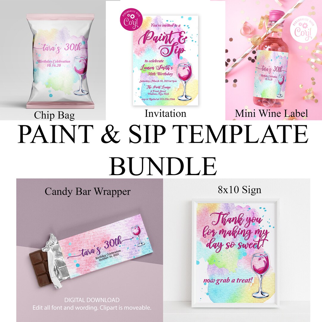 Paint and Sip Party Templates, Invitation, Mini Wine Label, Chip Bag ...