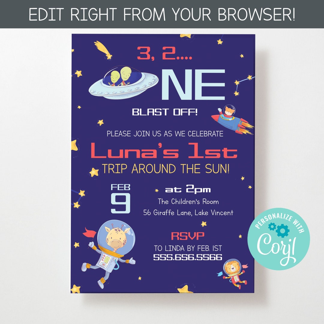 First Birthday Invitation Template, Space Theme First Birthday, 1st ...