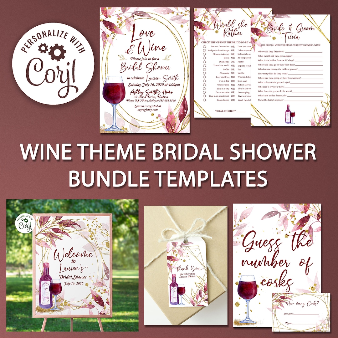 Wine Theme Bridal Shower Template Bundle Set, Wine Tasting Bridal ...