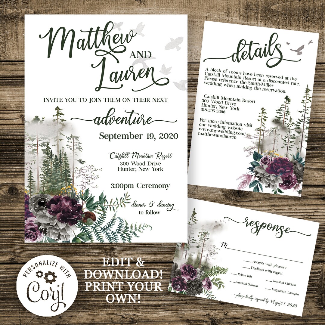 Forest Wedding Invitation Set Template, Rustic Wedding Invitation ...