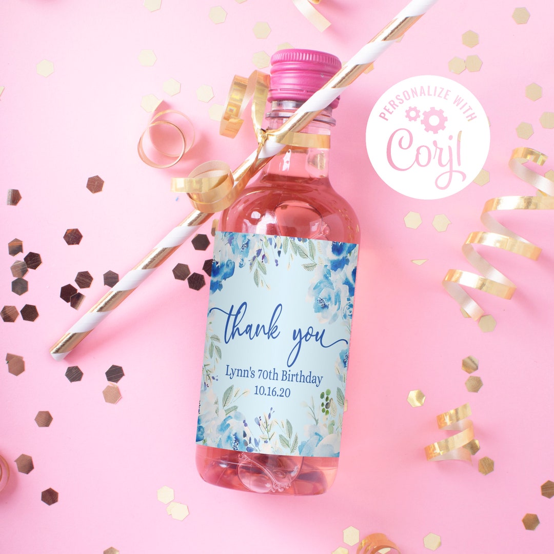 Mini Wine Bottle Label Template, Editable, Blue Flower, Birthday Party ...