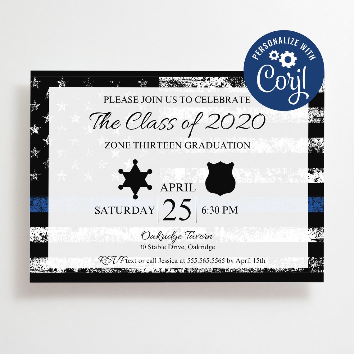 Academy Police Graduation Invitation Template, Print Your Own, Blue ...