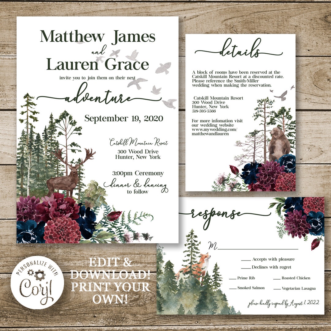 Forest Wedding Invitation Set Template, Rustic Wedding Invitation ...