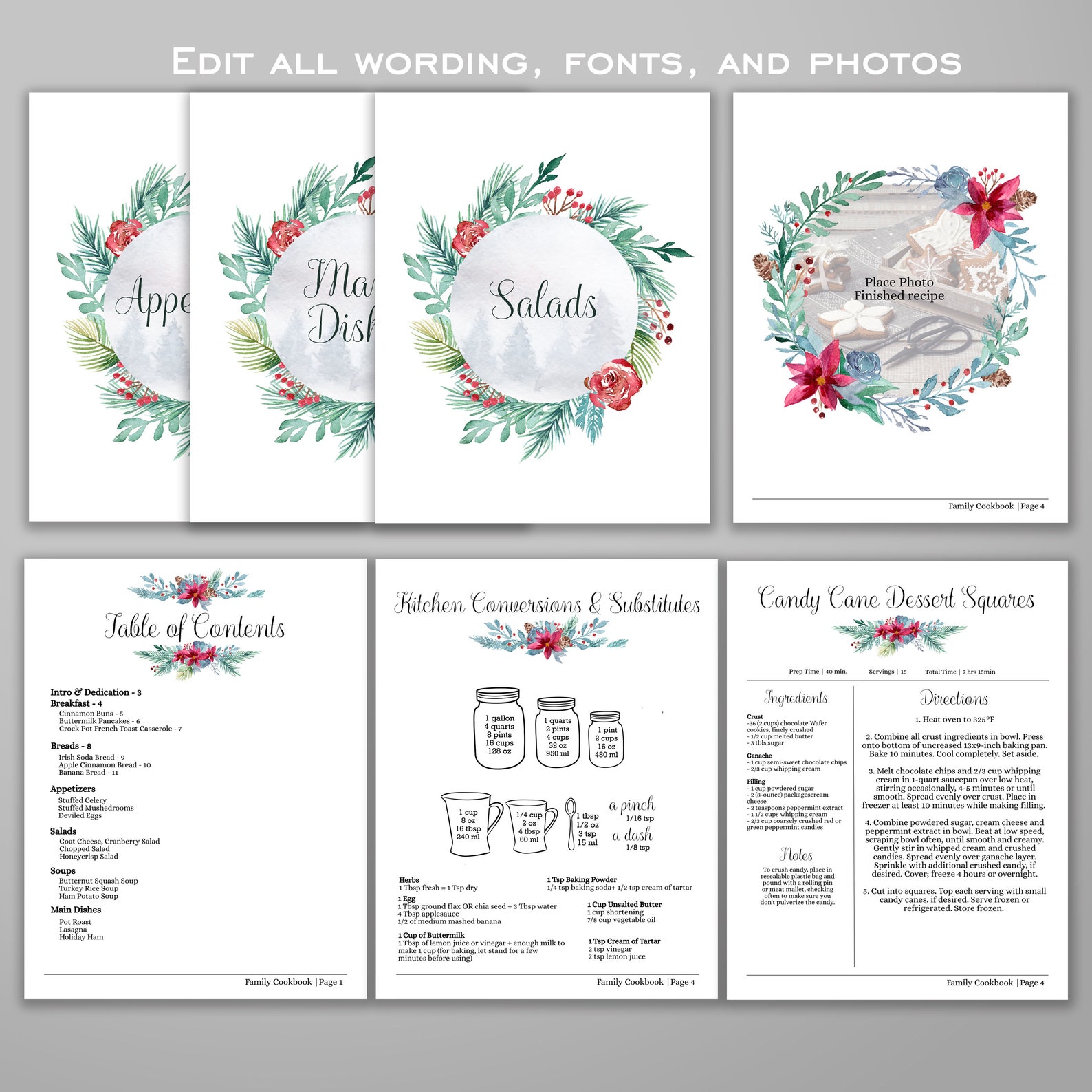 Recipe Book Template, Christmas Recipe Book Template, Holiday Recipe ...
