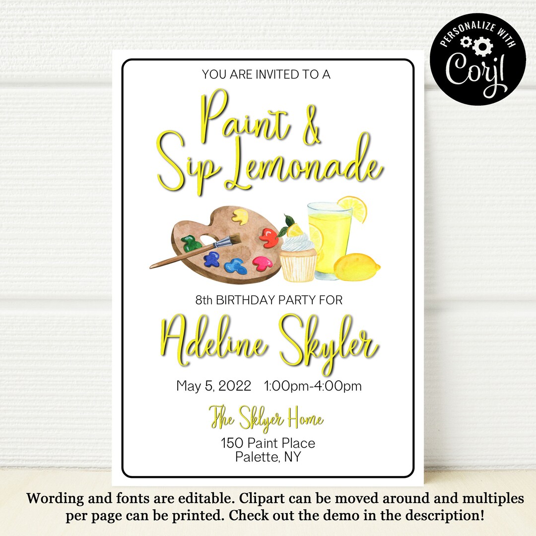 Paint Sip Lemonade Invitation Template, Paint Birthday Party Invite ...