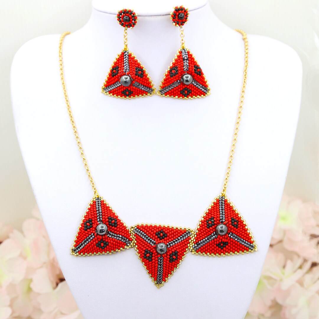 Seed Bead Pendant Necklace and Peruvian Wire Earrings, Geometric ...