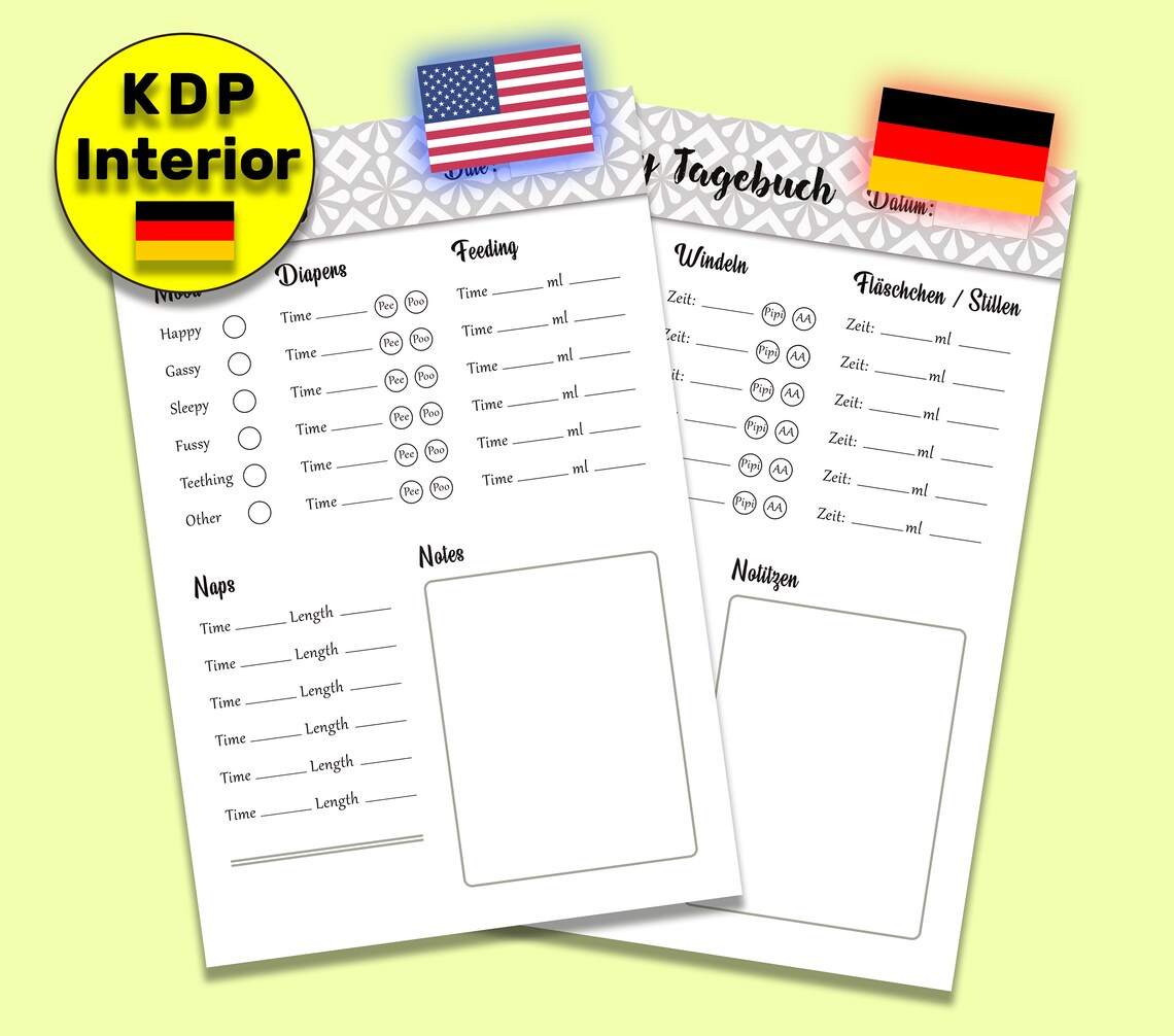 2 X BABY Log Book in GERMAN and English - 120 Pages 6x9" Template for ...