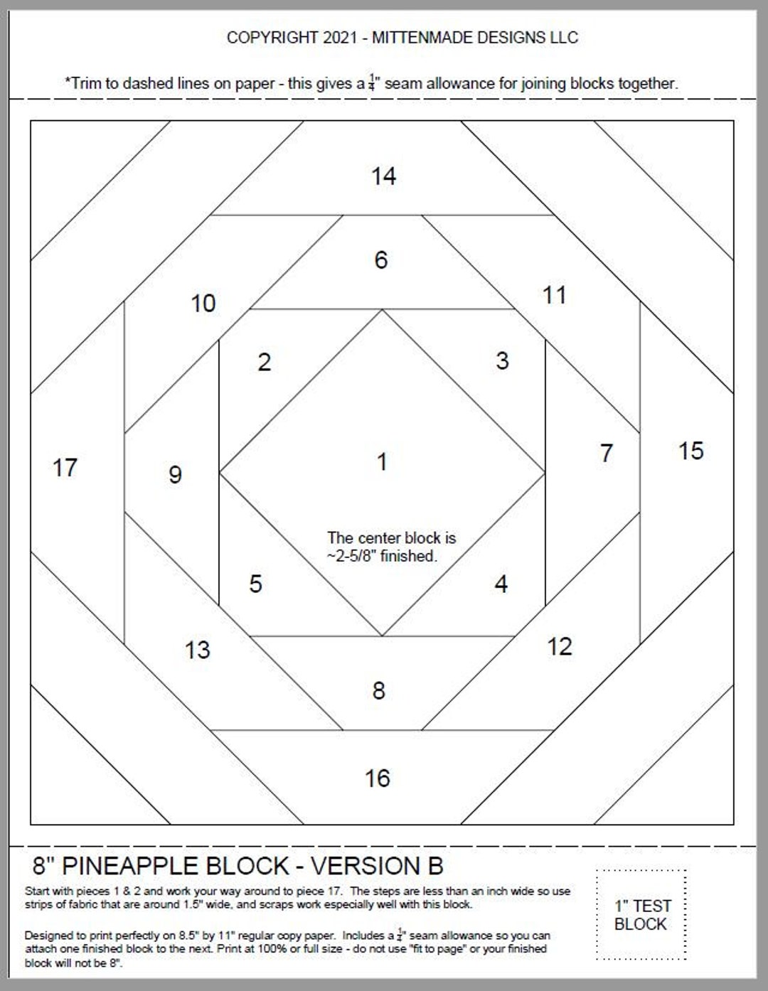 FPP - Print Your Own - 8" Pineapple Block With 2 Center Block Sizes for ...