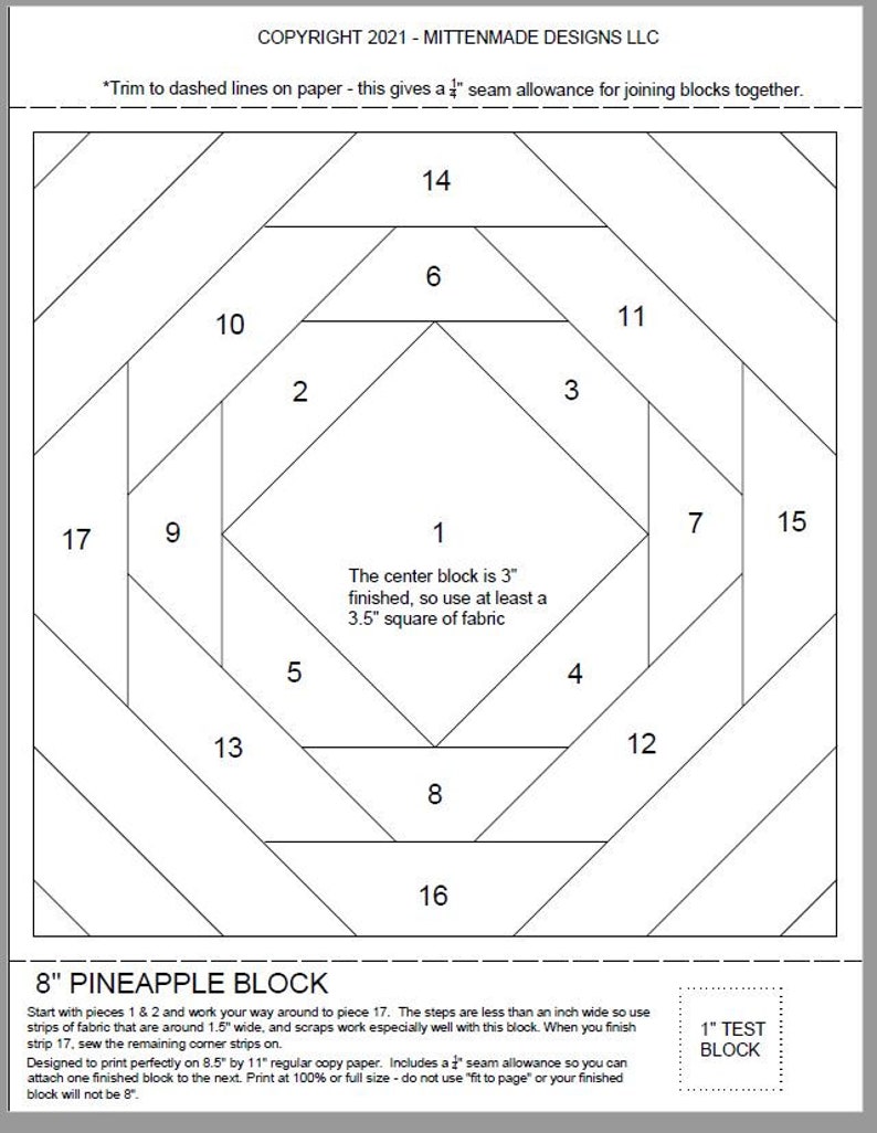 FPP - Print Your Own - 8" Pineapple Block With 2 Center Block Sizes for ...
