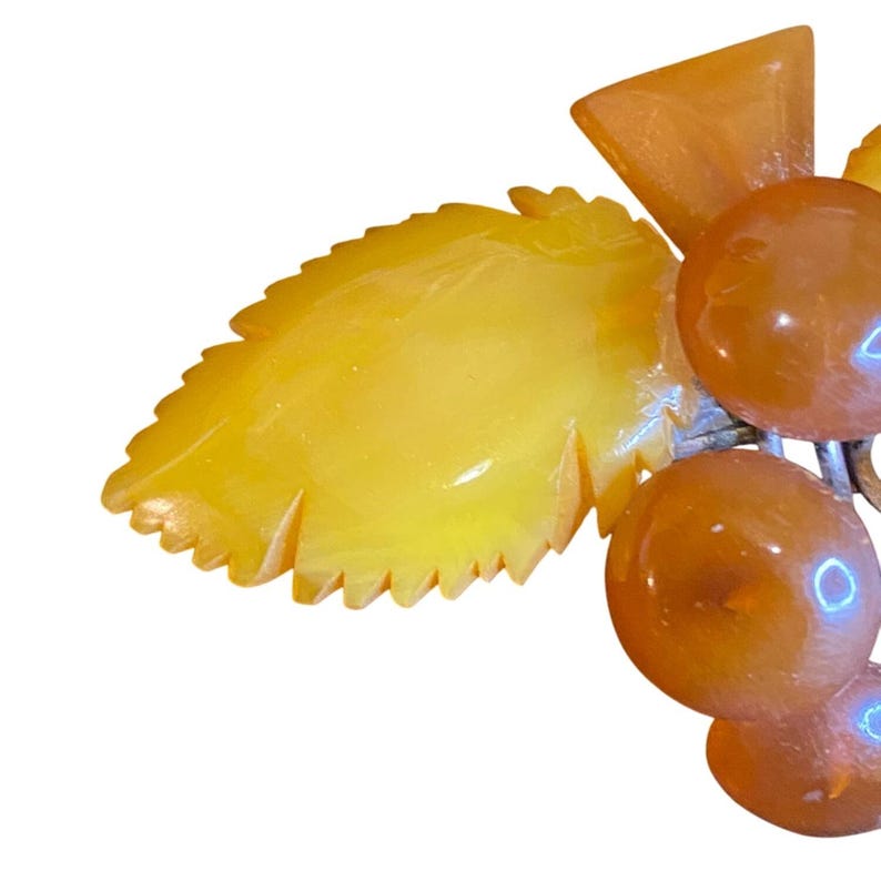 Possible Bakelite or Plastic Brooch Leaves Grapes Berries Gold Brown ...