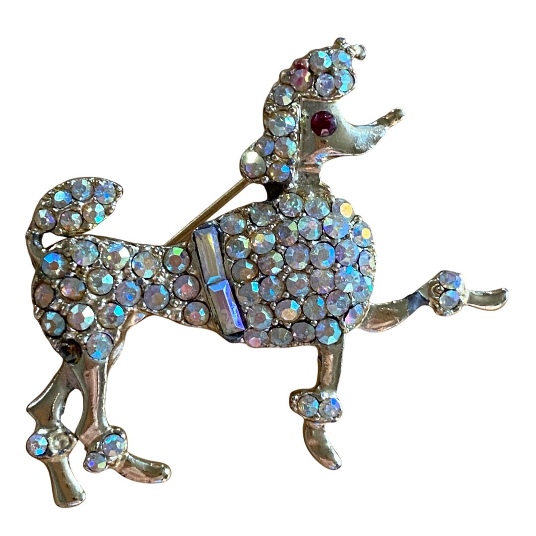 Vintage Gold Tone Rhinestone Poodle Brooch With Red Eye & Safety Clasp ...