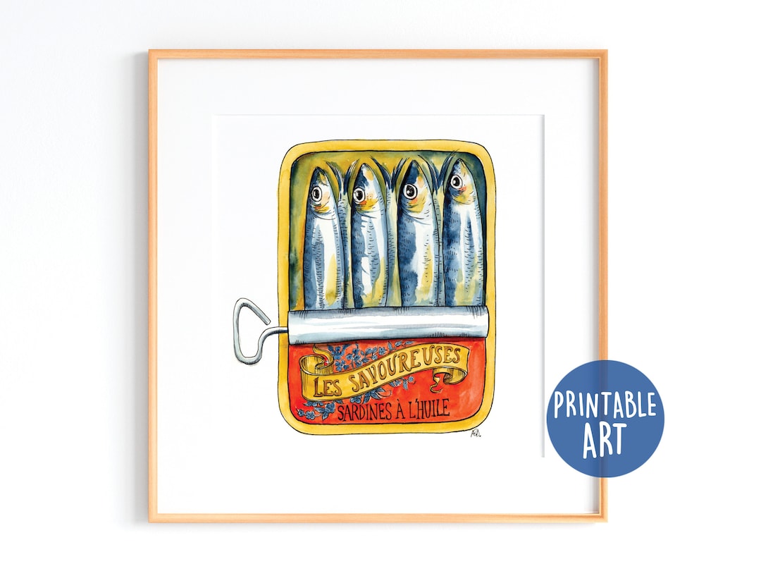 Printable Four Watercolor Sardines in a Vintage Tin, Sardines Wall Art ...