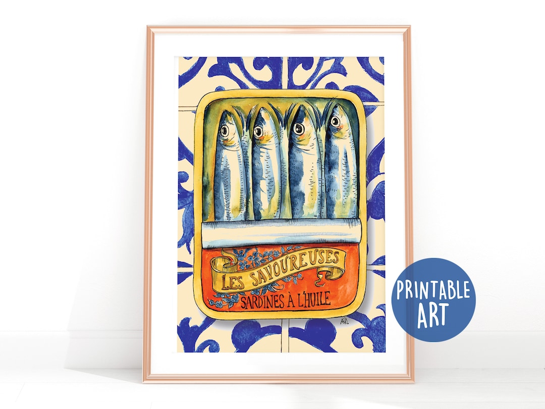 Printable Watercolor Sardines in a Vintage Tin, Sardines Wall Art ...