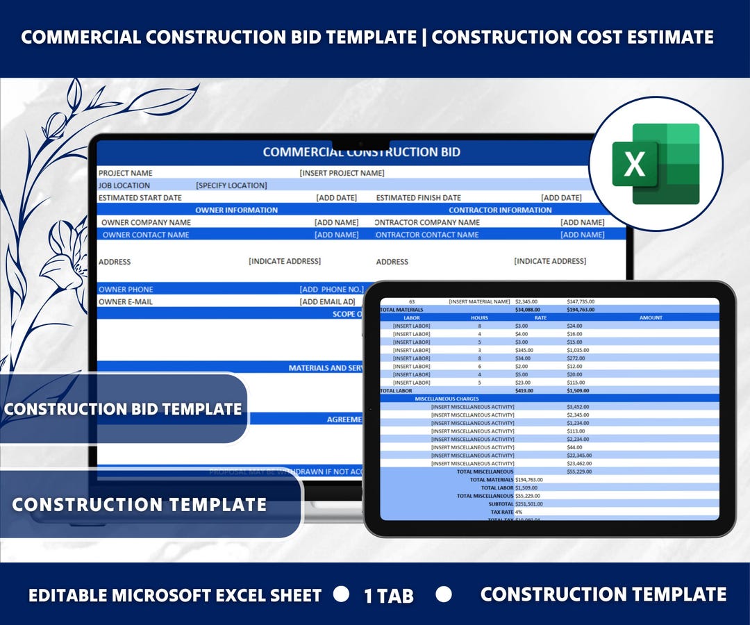 Commercial Construction Bid Template | Construction Cost Estimate ...
