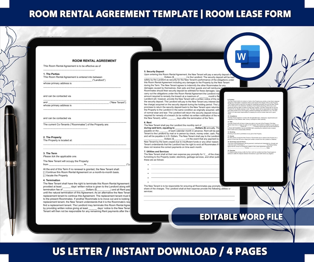 Room Rental Agreement Template | Room Lease Form | Roommate Agreement ...