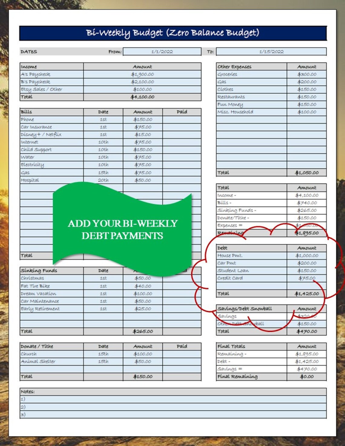 BI-WEEKLY BUDGET Worksheet, Paycheck to Paycheck Budget, Zero-based ...