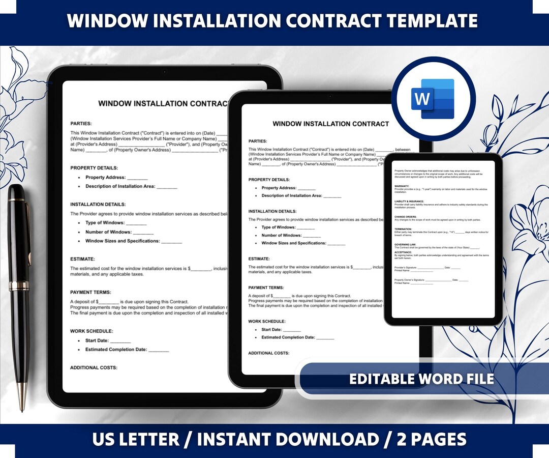 Installation Contract Template | Service Agreement | Contractor Agreement | Window Installation ...