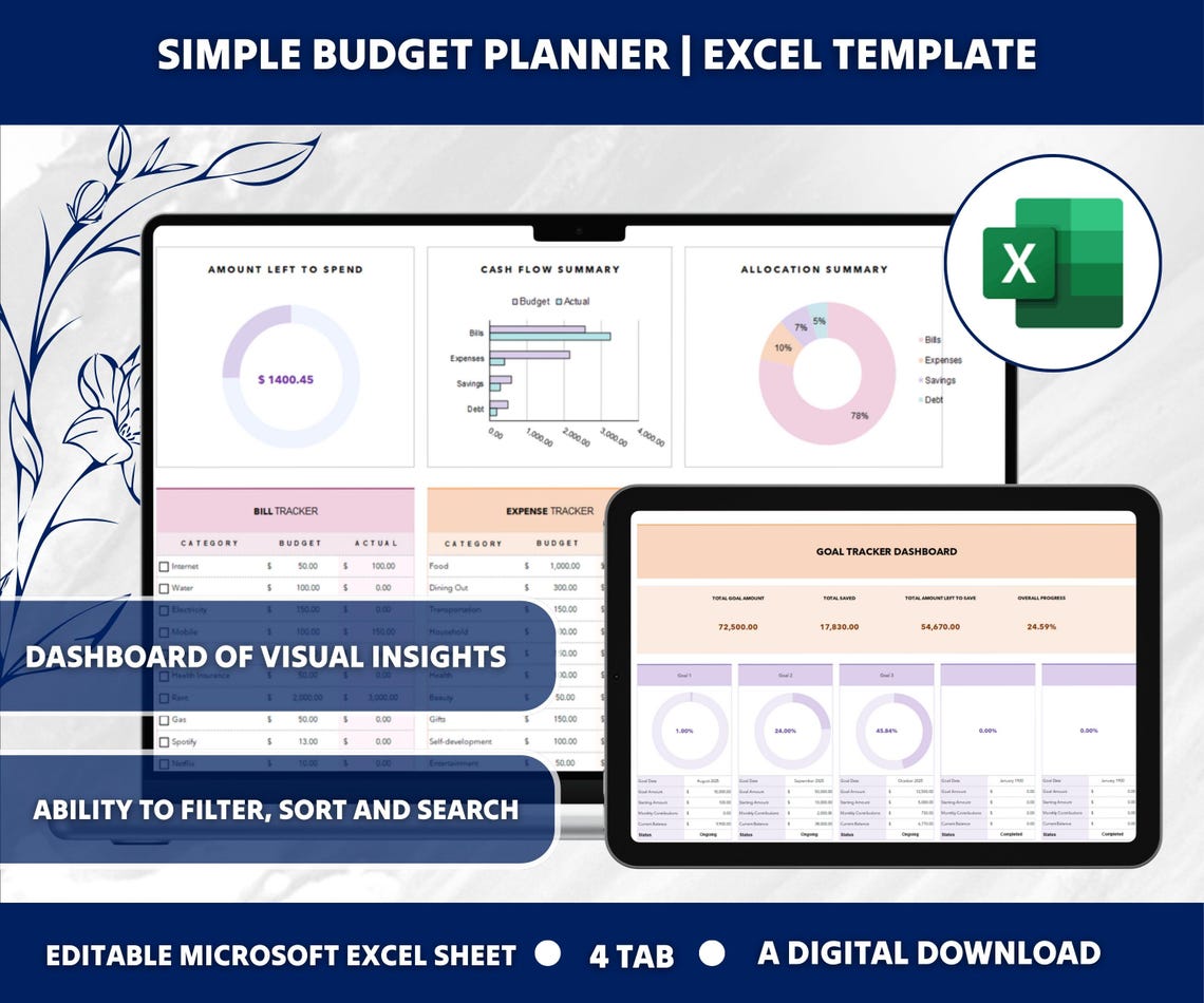 Simple Budget Planner | Excel Template | Monthly Budget | Budget ...